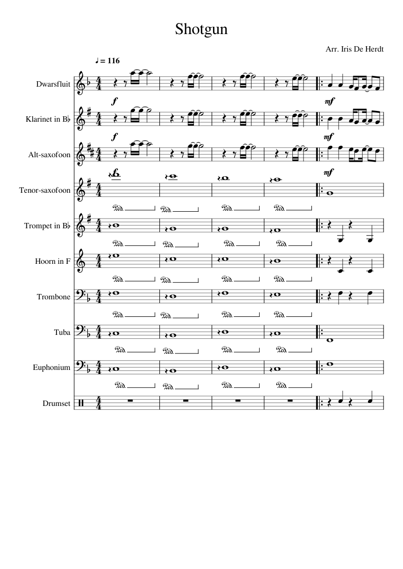 Shotgun George Ezra Sheet Music for Trombone, Euphonium, Tuba, Flute ...
