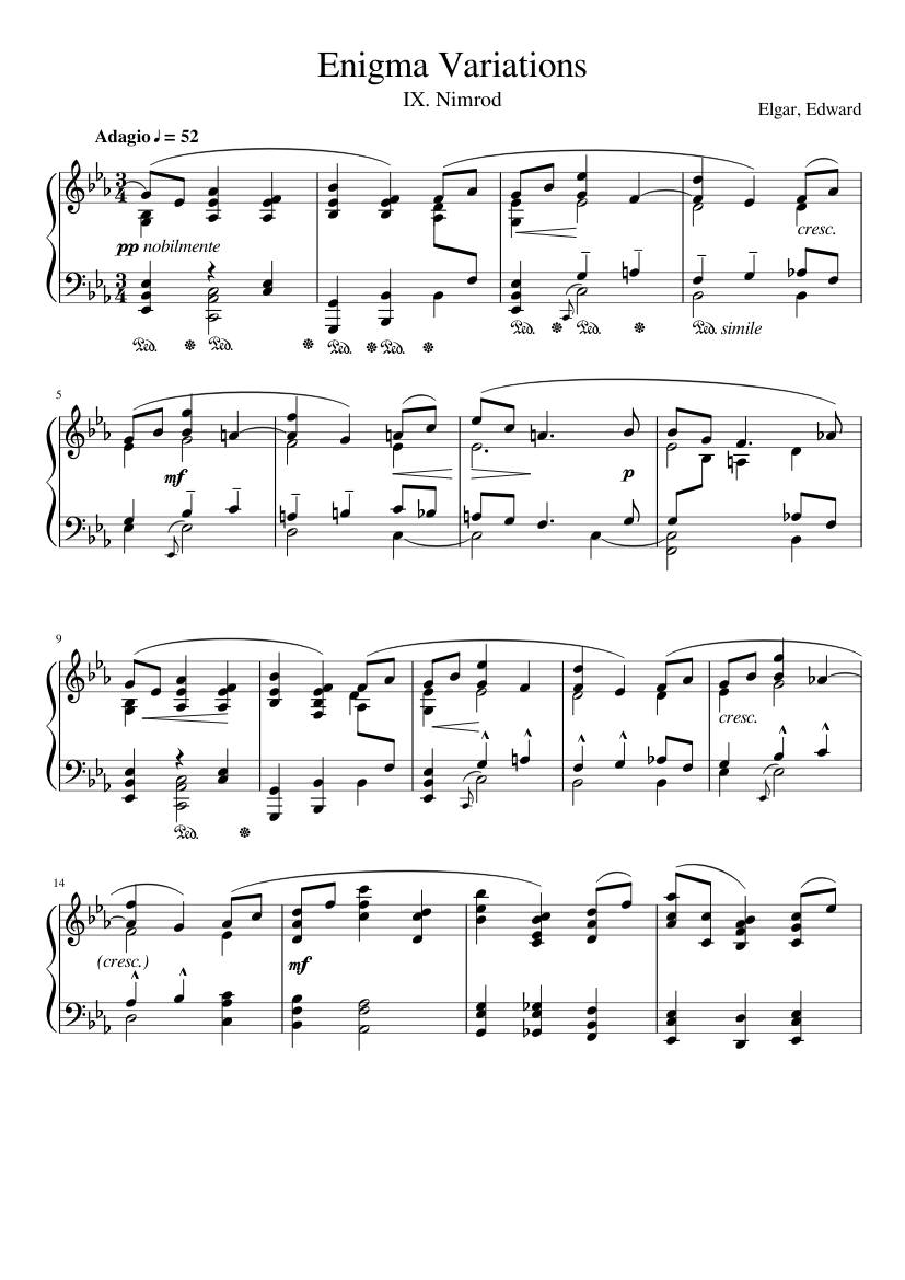 Elgar - Enigma Variations - XI. Nimrod Sheet Music for Piano (Solo ...