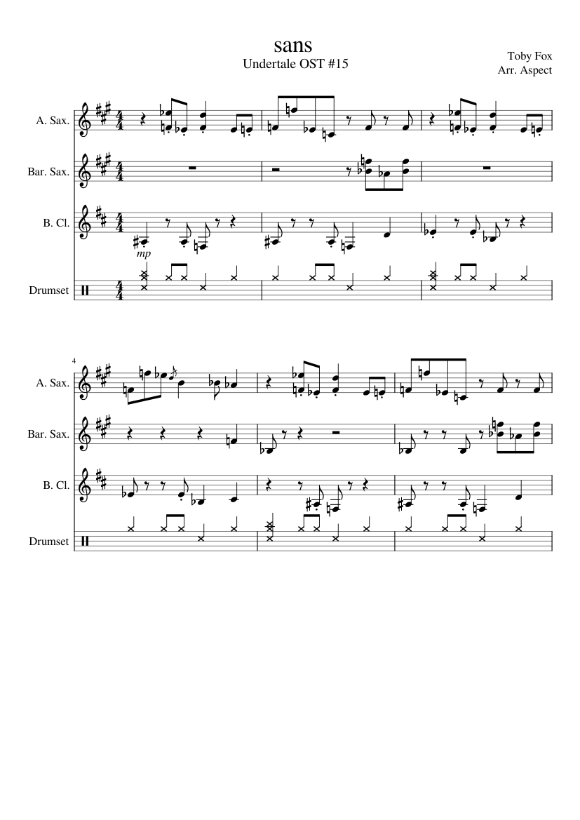 sans Undertale OST #15 Sheet music for Clarinet bass, Saxophone alto ...