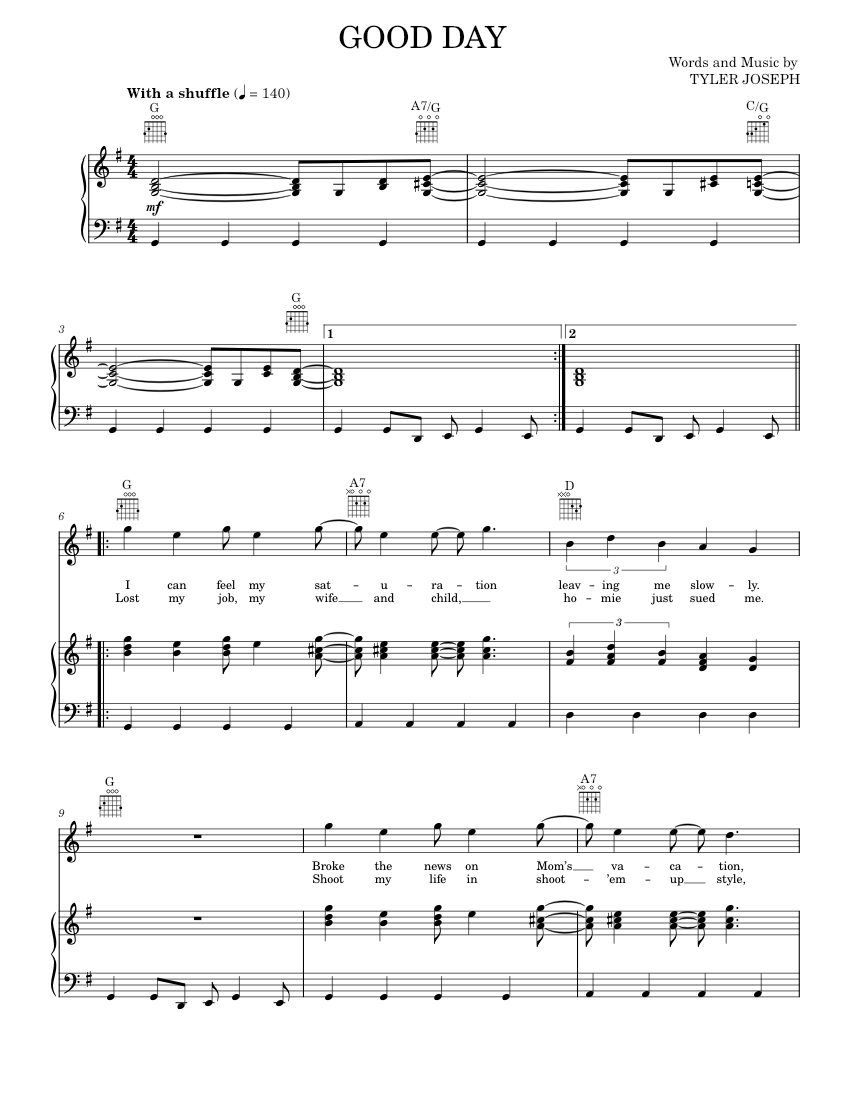 Play Official version of Good Day Sheet Music by Twenty One Pilots for ...