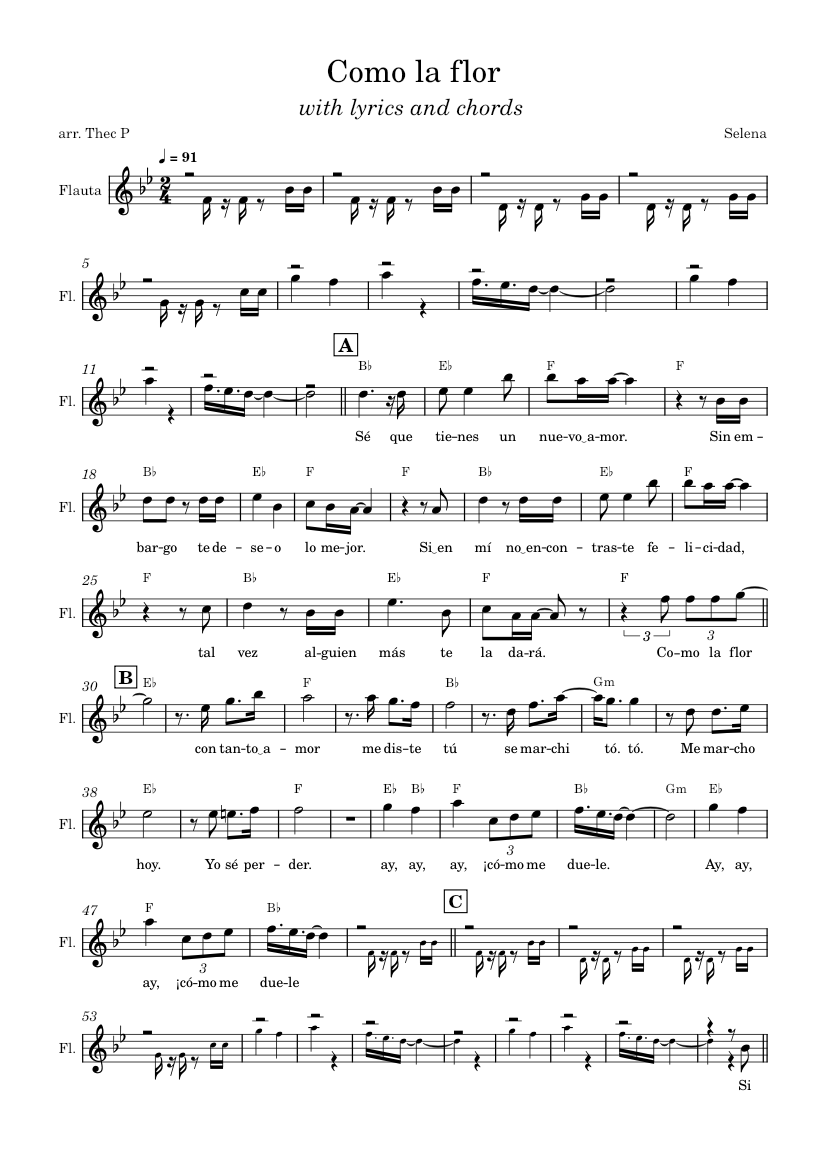 Como La Flor – Selena Quintanilla (voice) Sheet music for Flute (Piano ...
