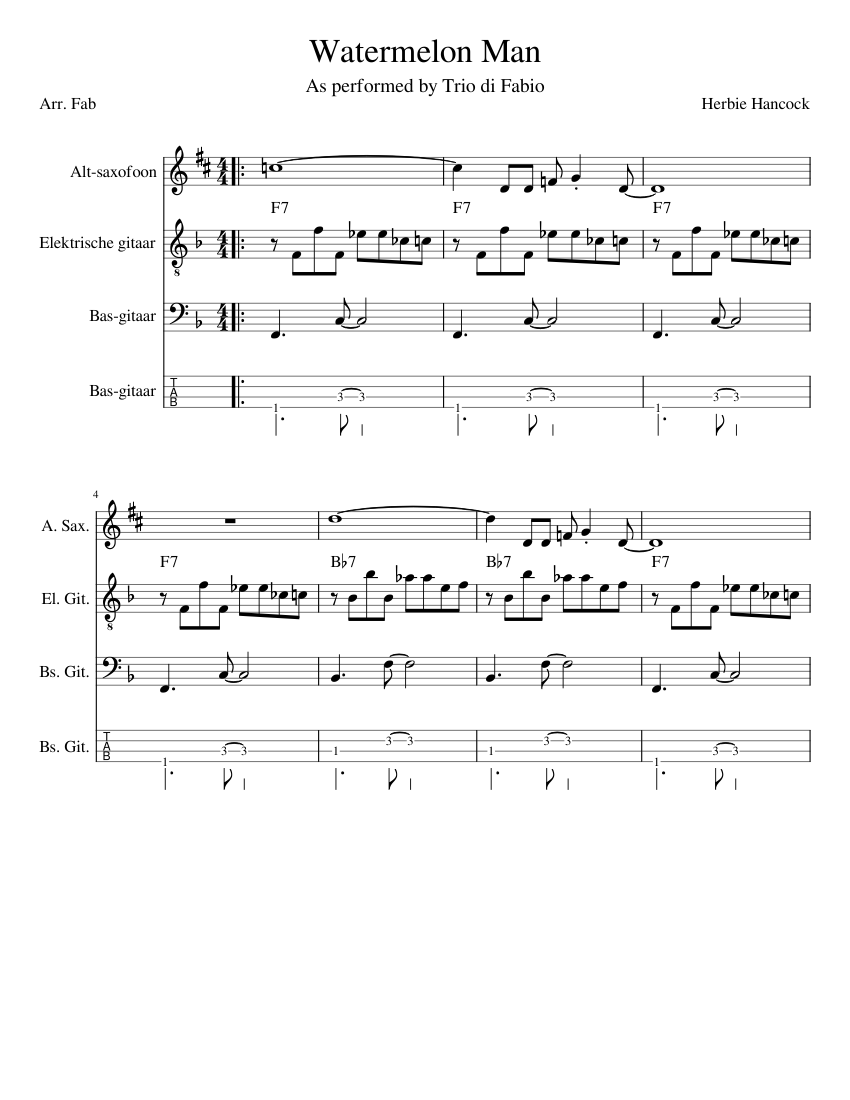 Watermelon Man Sheet music for Saxophone alto, Guitar, Bass guitar ...