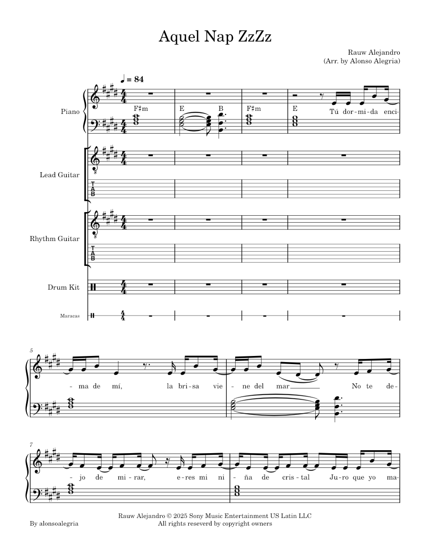 Aquel Nap ZzZz — Rauw Alejandro Sheet Music and Tab with Chords for ...