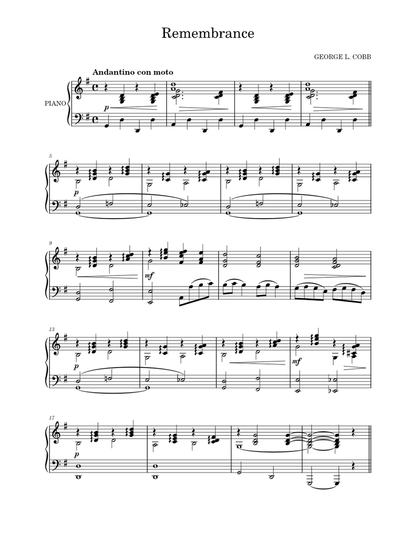 Remembrance (1926) Sheet music for Piano (Solo) | Musescore.com