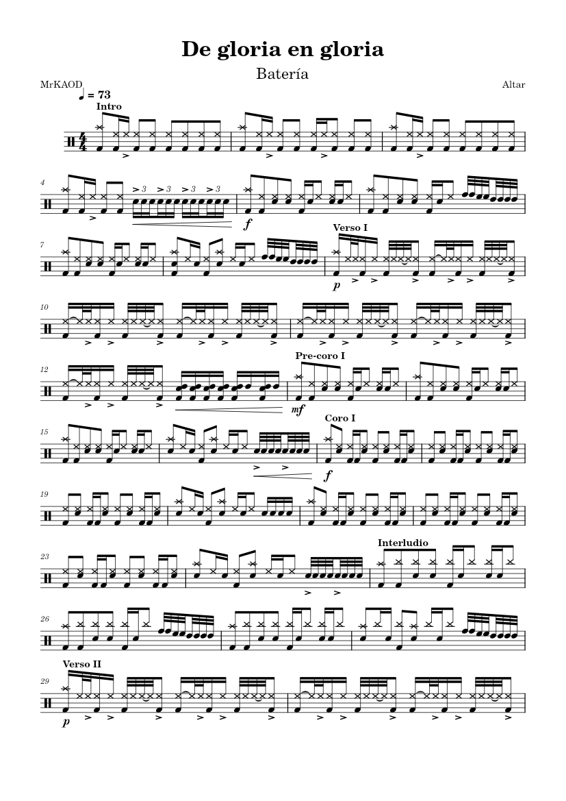 De gloria en gloria – Altar - Batería Sheet Music for Drum group (Solo ...