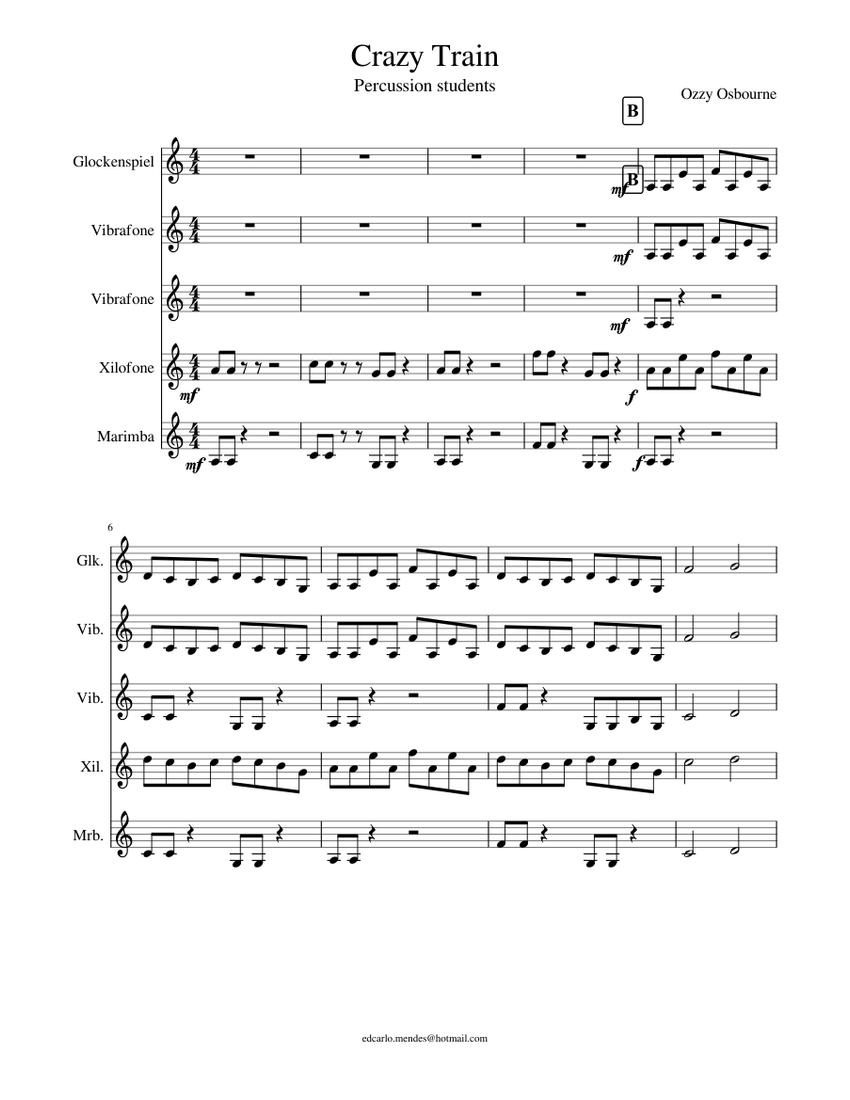 Crazy Train Sheet music for Vibraphone, Glockenspiel, Marimba, Xylophone (Percussion Quintet ...