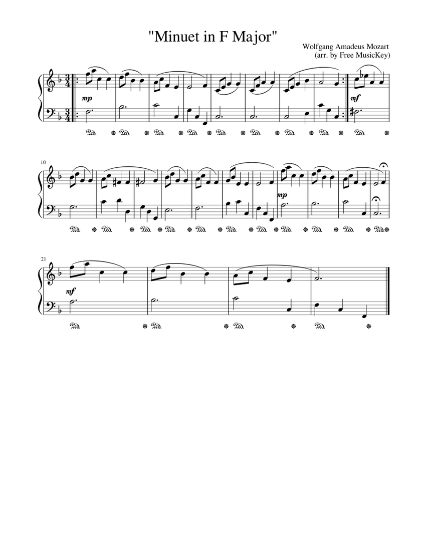 Wolfgang Amadeus Mozart "Minuet in F Major" Easy Piano (arr. by Free ...