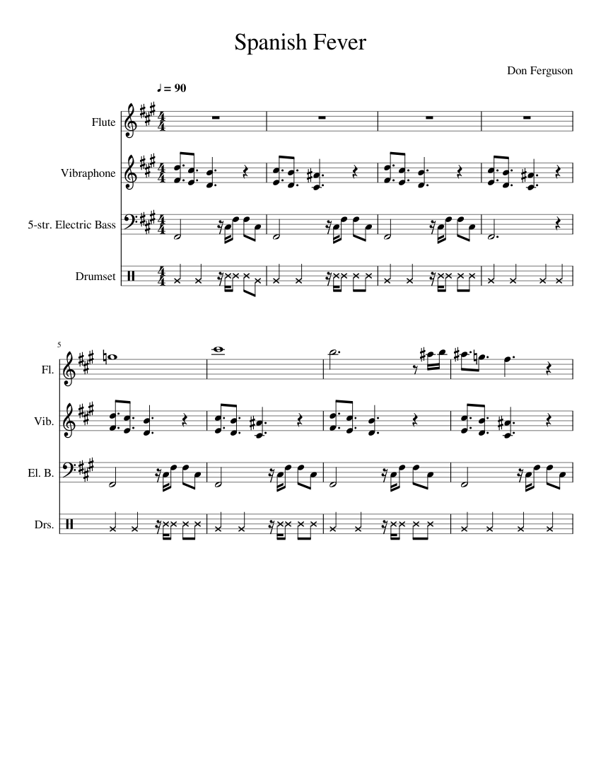 Spanish Fever Sheet music for Flute, Vibraphone, Bass guitar, Drum ...