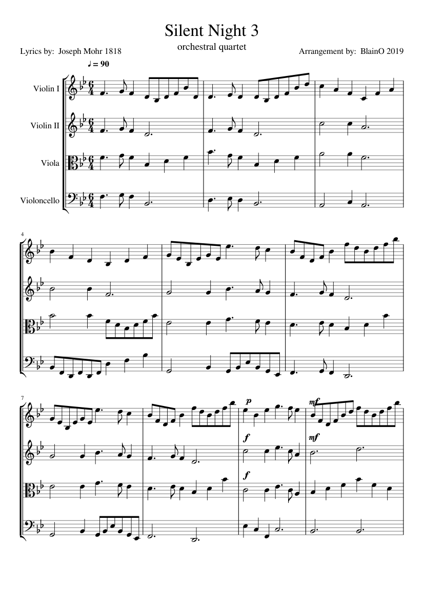 Silent Night 3 Sheet music for Violin, Viola, Cello (String Quartet ...
