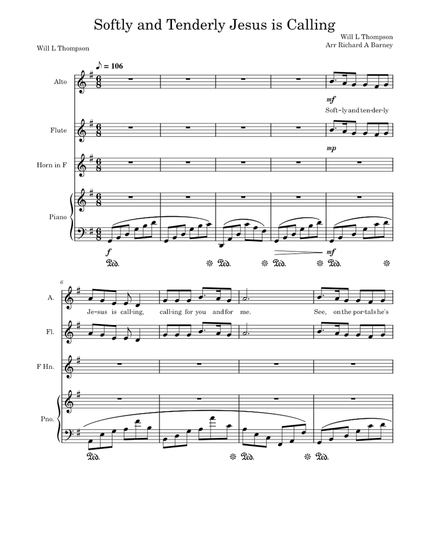 Softly and Tenderly Jesus is Calling Sheet music for Piano, Alto, Flute ...
