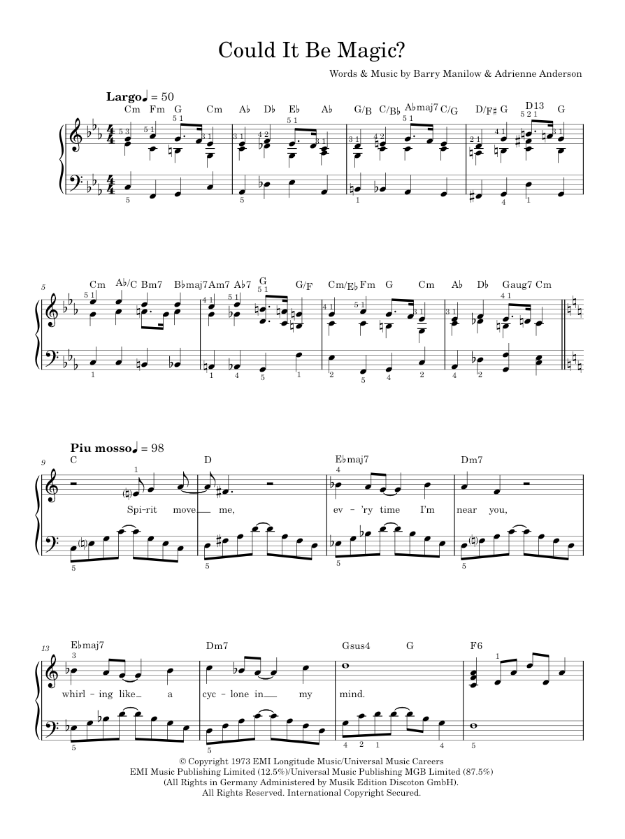 Play Official version of Could it be magic sheet music by Barry Manilow ...