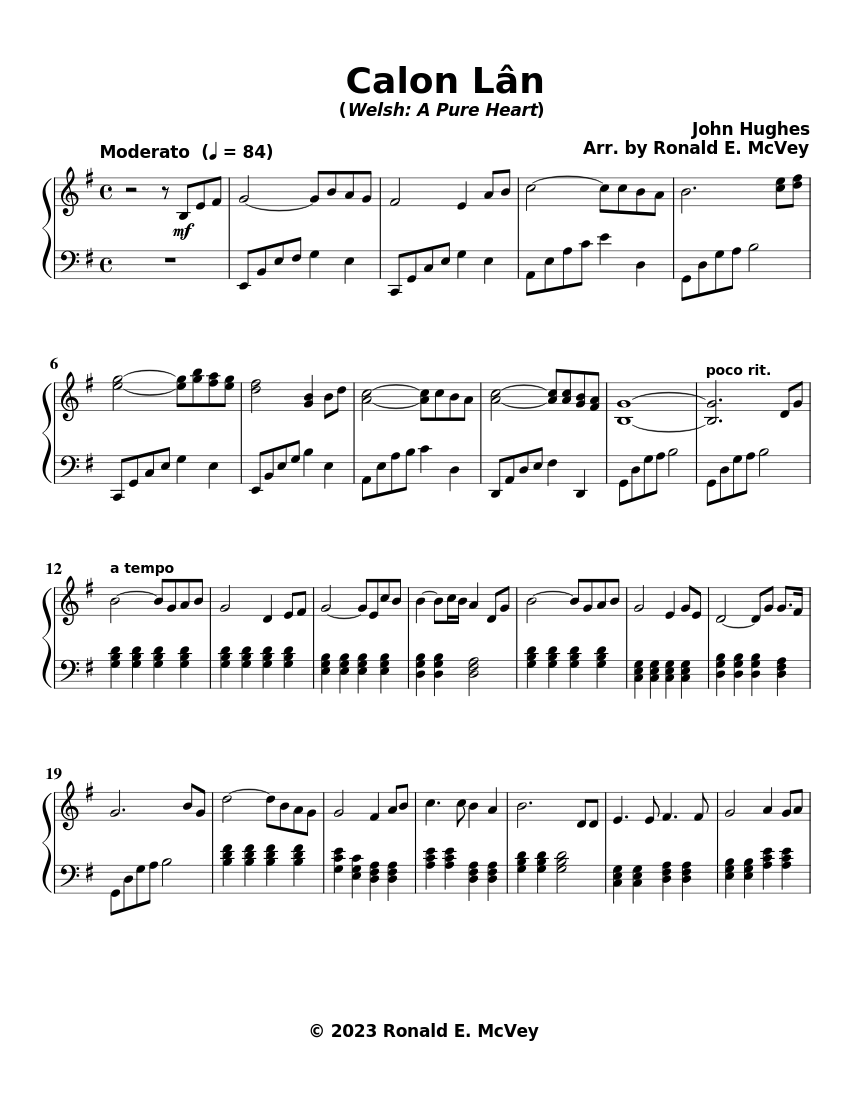 Calon Lân – John Hughes Sheet music for Piano (Solo) | Musescore.com