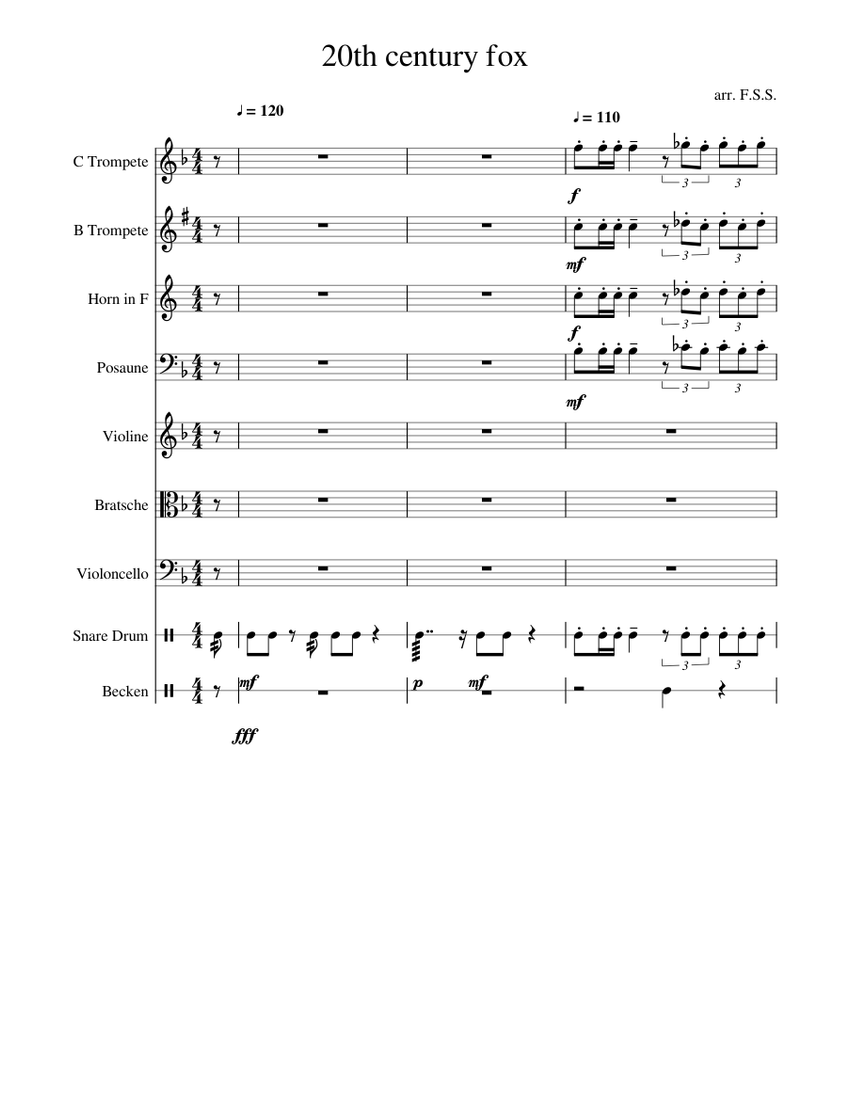 20th century fox theme Sheet music for Trumpet (In B Flat), Violin, Trombone, French Horn, Cello ...
