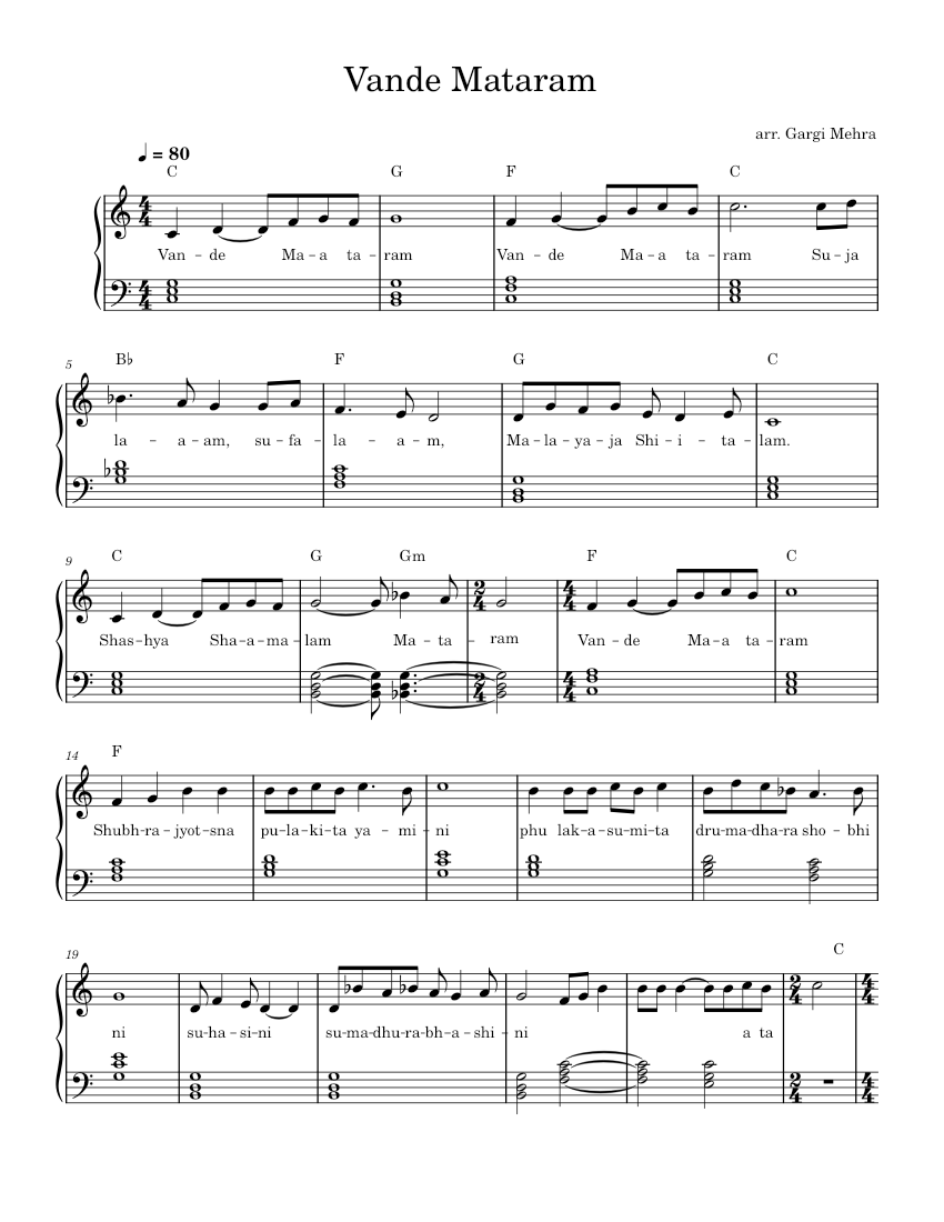 Vande Mataram Sheet Music with Chords for Piano (Solo) easy | MuseScore.com