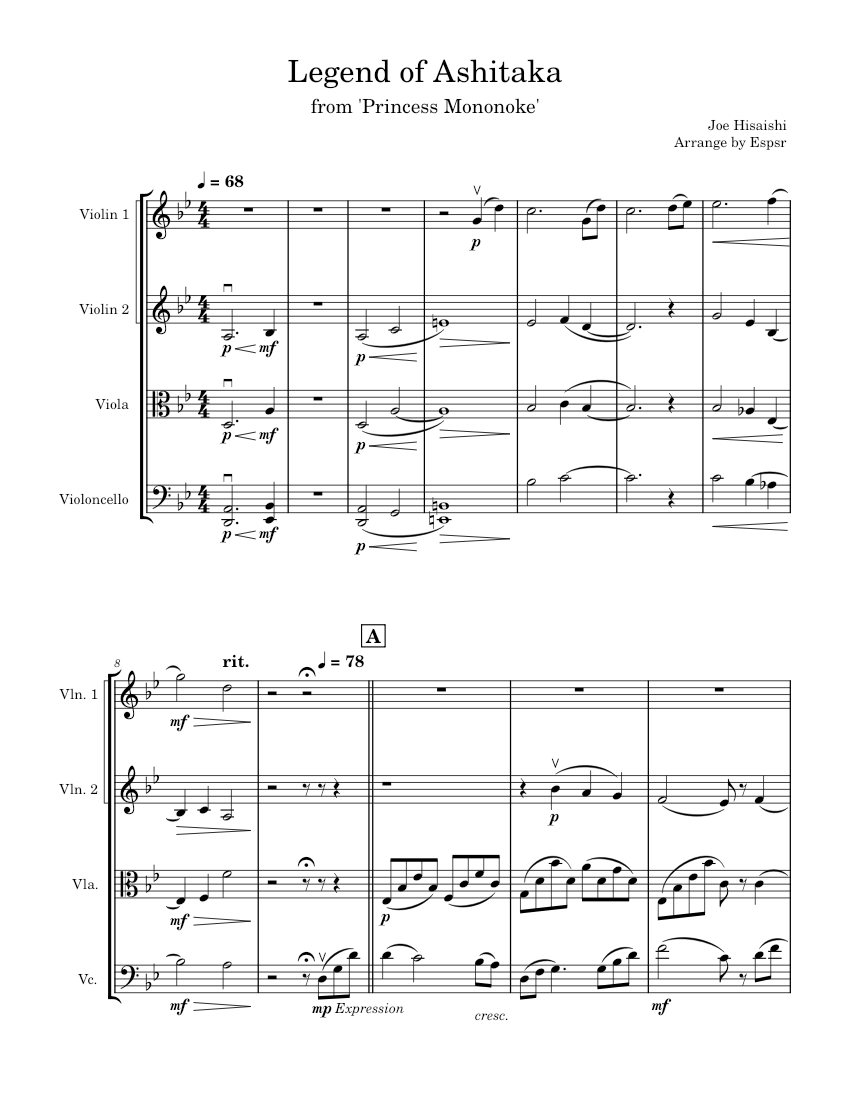 The Legend of Ashitaka – Joe Hisaishi Sheet Music for Violin, Viola, Cello (String Quartet ...