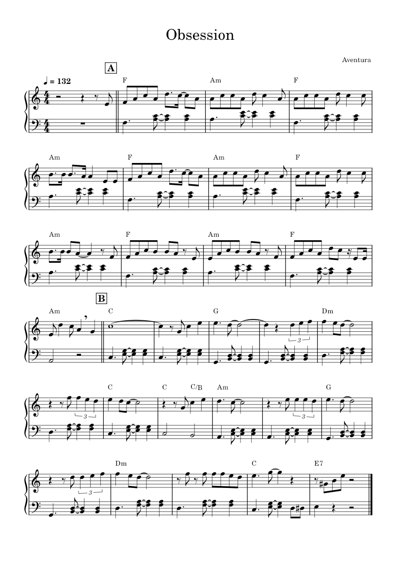 Obsession (Aventura) piano simple Sheet Music with Chords for Piano ...