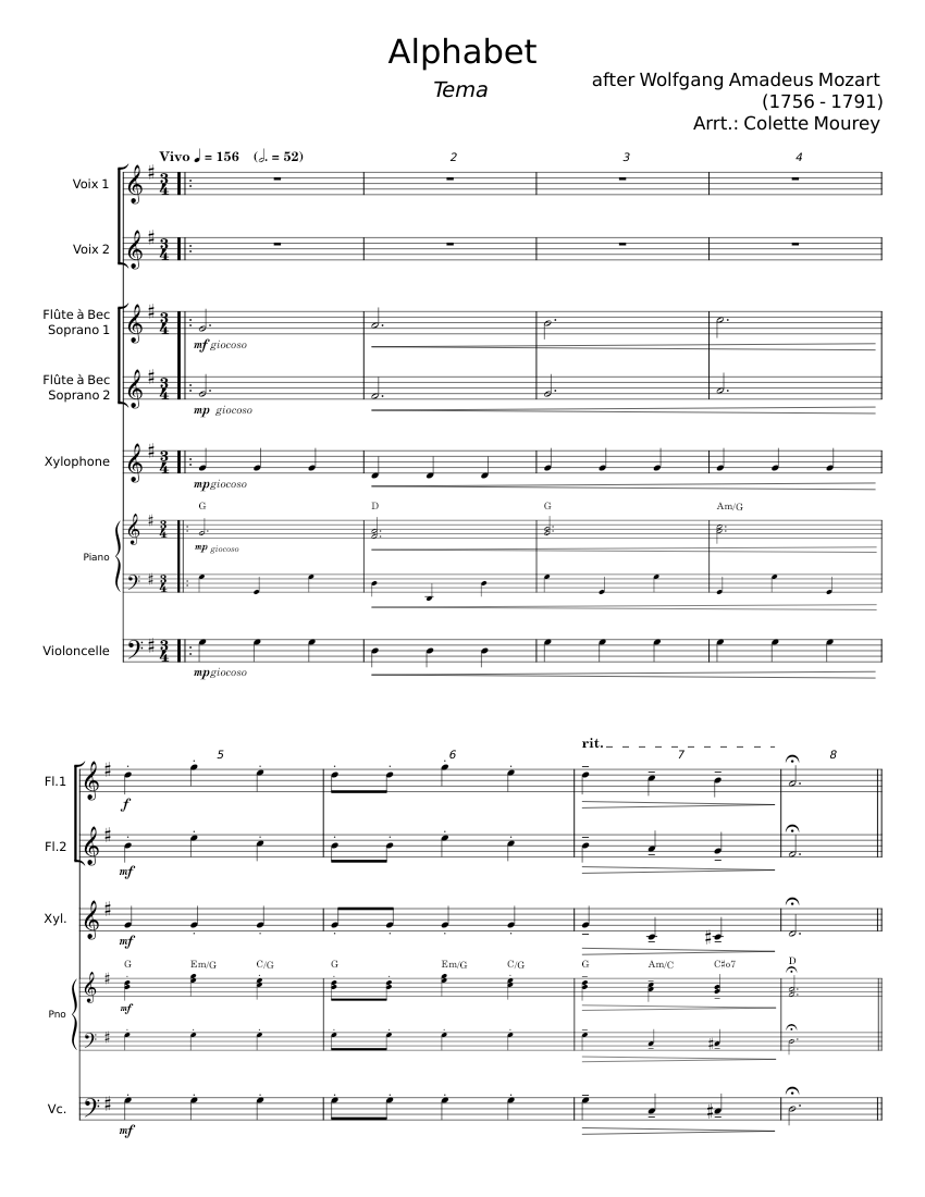 Alphabet – Wolfgang Amadeus Mozart Sheet Music for Piano, Flute, Cello ...