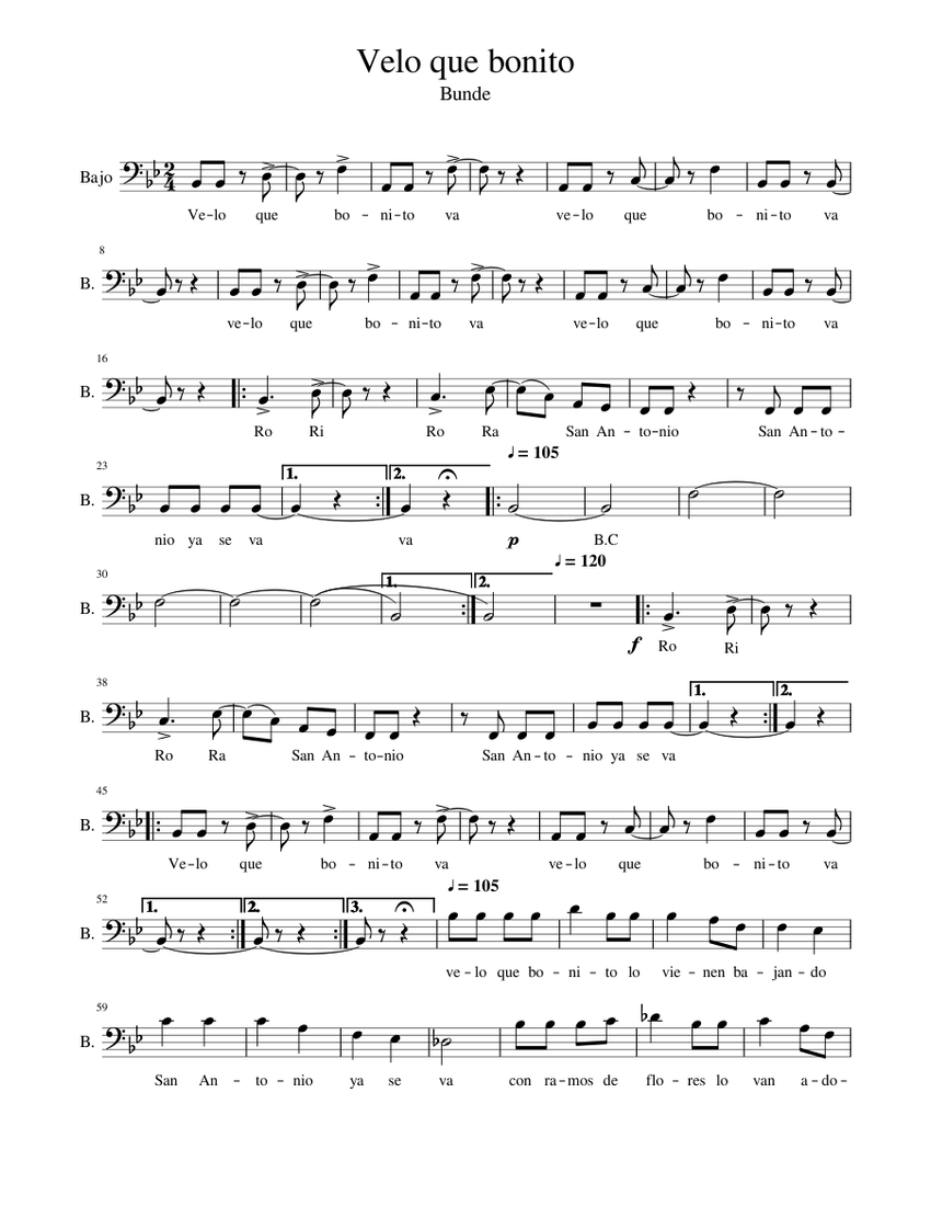 Velo que bonito - Bajo Sheet music for Piano, Woodblock (Mixed Duet ...