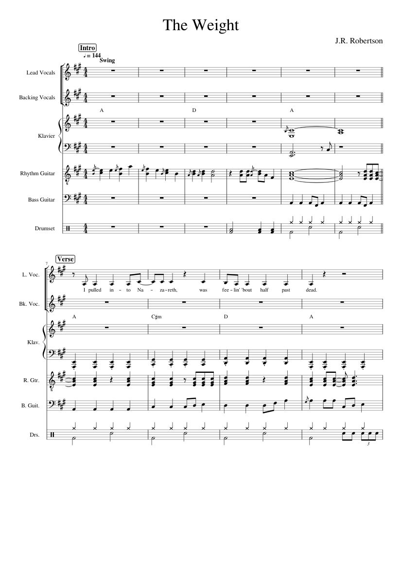 The Band - The Weight Sheet Music with Chords for Piano, Vocals, Guitar ...