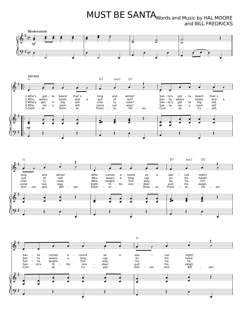 MUST BE SANTA - Hal Moore;William Fredericks Sheet Music with Chords ...