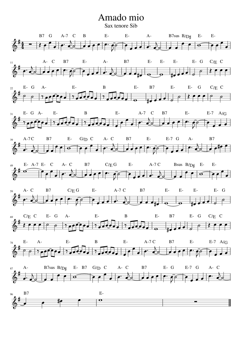 Amado mio Sax tenore Sib Sheet Music with Chords for Piano (Solo) easy ...