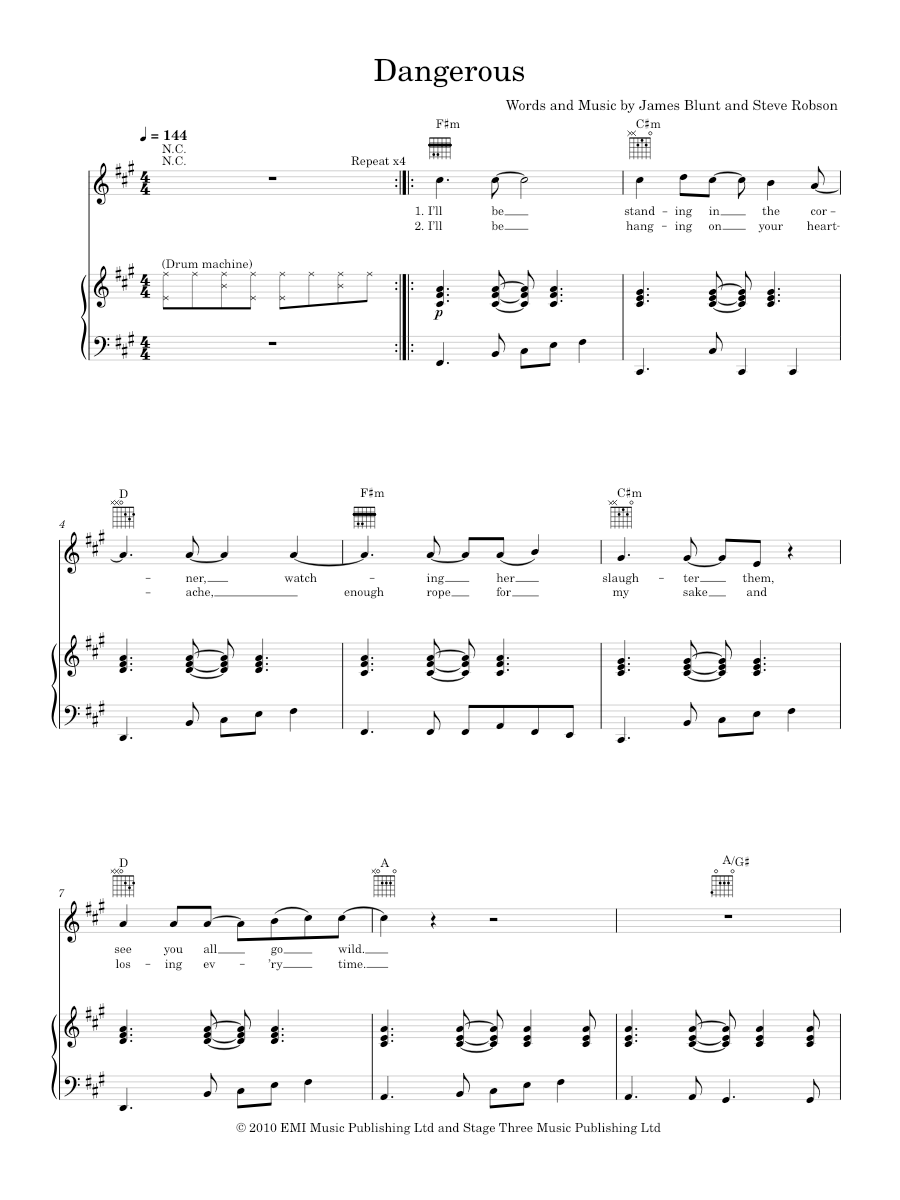 Play Official version of Dangerous sheet music by James Blunt for Piano ...