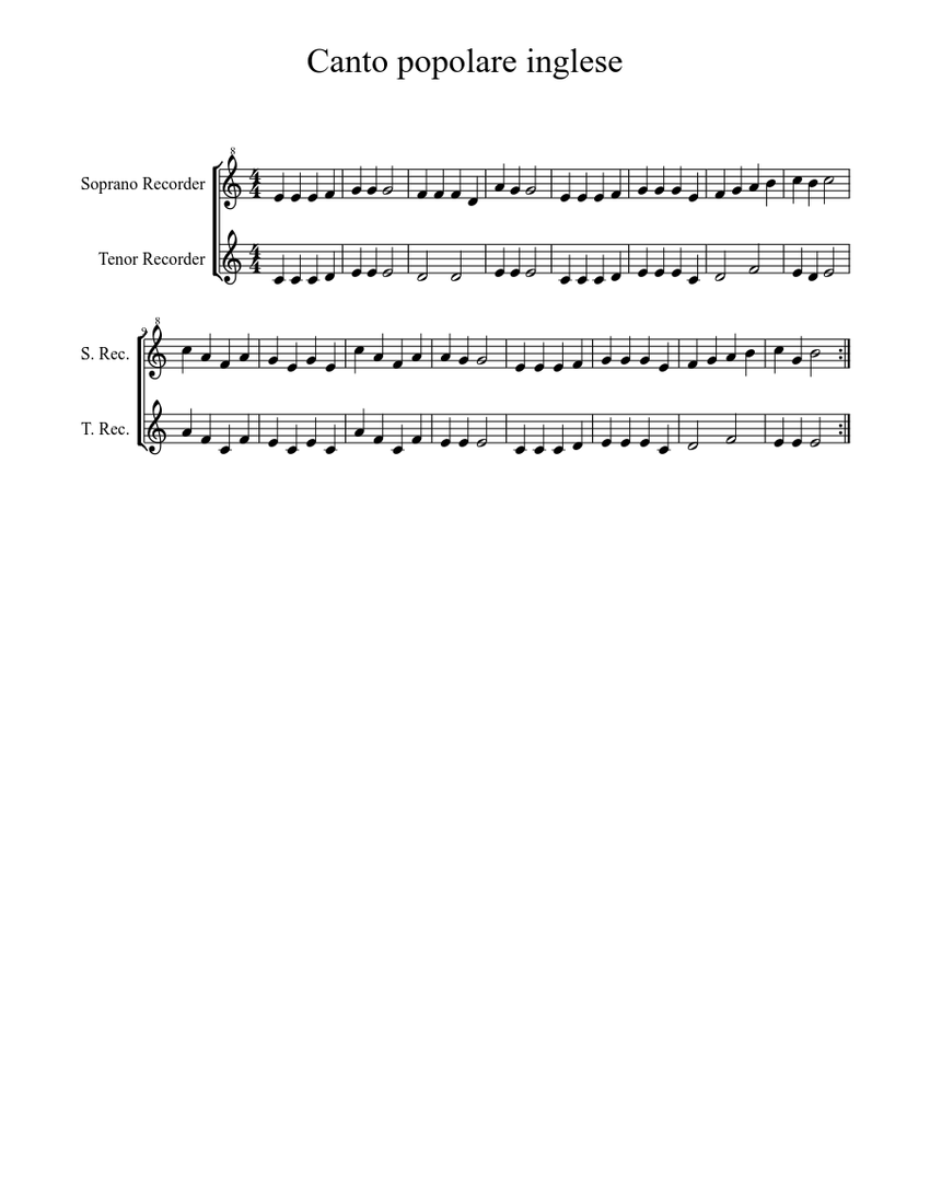 Canto popolare inglese Sheet music for Recorder (Woodwind Duet ...