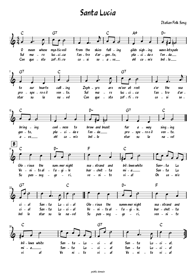 Santa Lucia (Lead sheet with lyrics ) Sheet Music with Chords for Piano ...