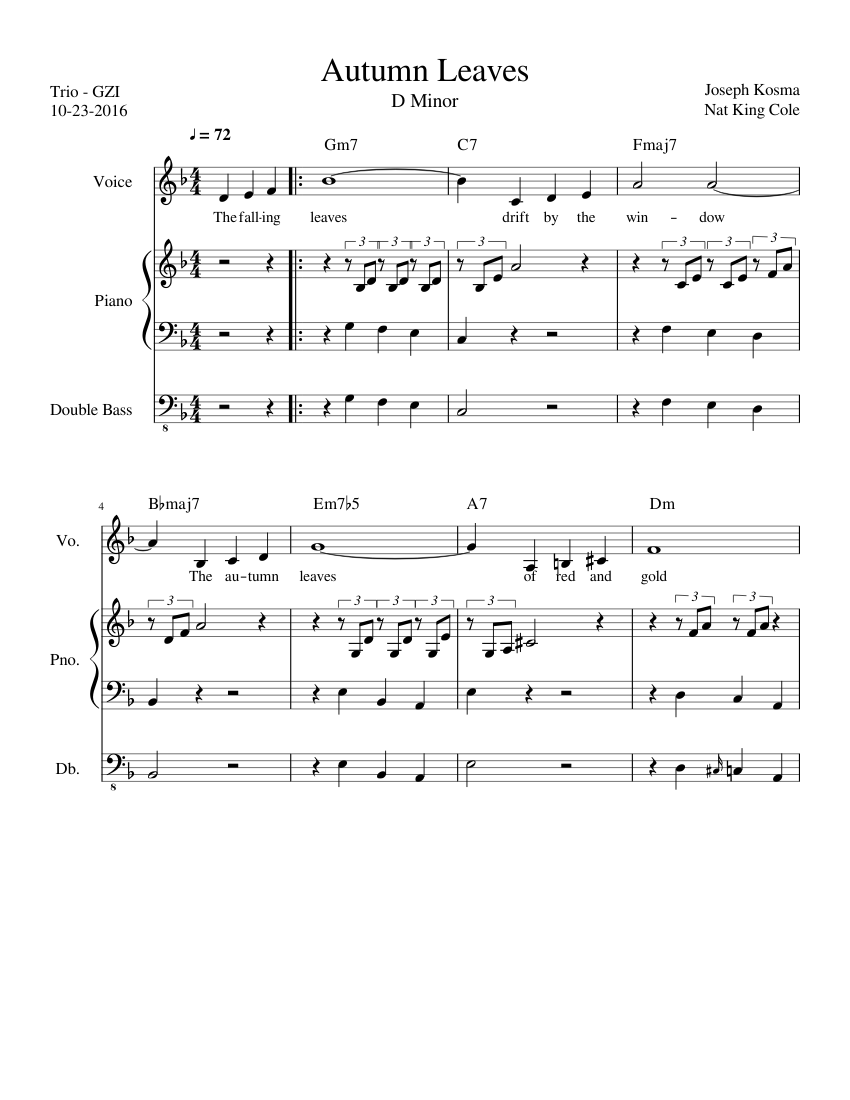 Autumn Leaves - D Minor - Trio GZI 2016-10-23 Sheet Music with Chords ...