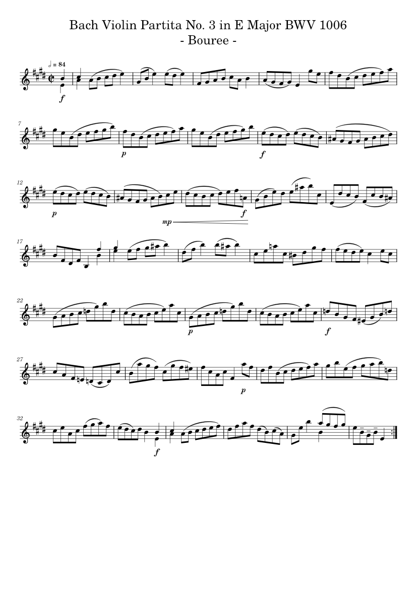 Violin Partita No. 3 in E Major BWV 1006 - Bouree - Bach Sheet Music ...