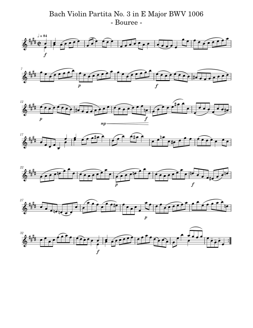 Bach - Violin Partita No. 3 in E Major BWV 1006 ~ Bouree Sheet music ...