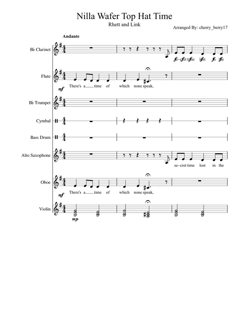 Nilla Wafer Top Hat Time Sheet music for Flute, Oboe, Clarinet in b ...