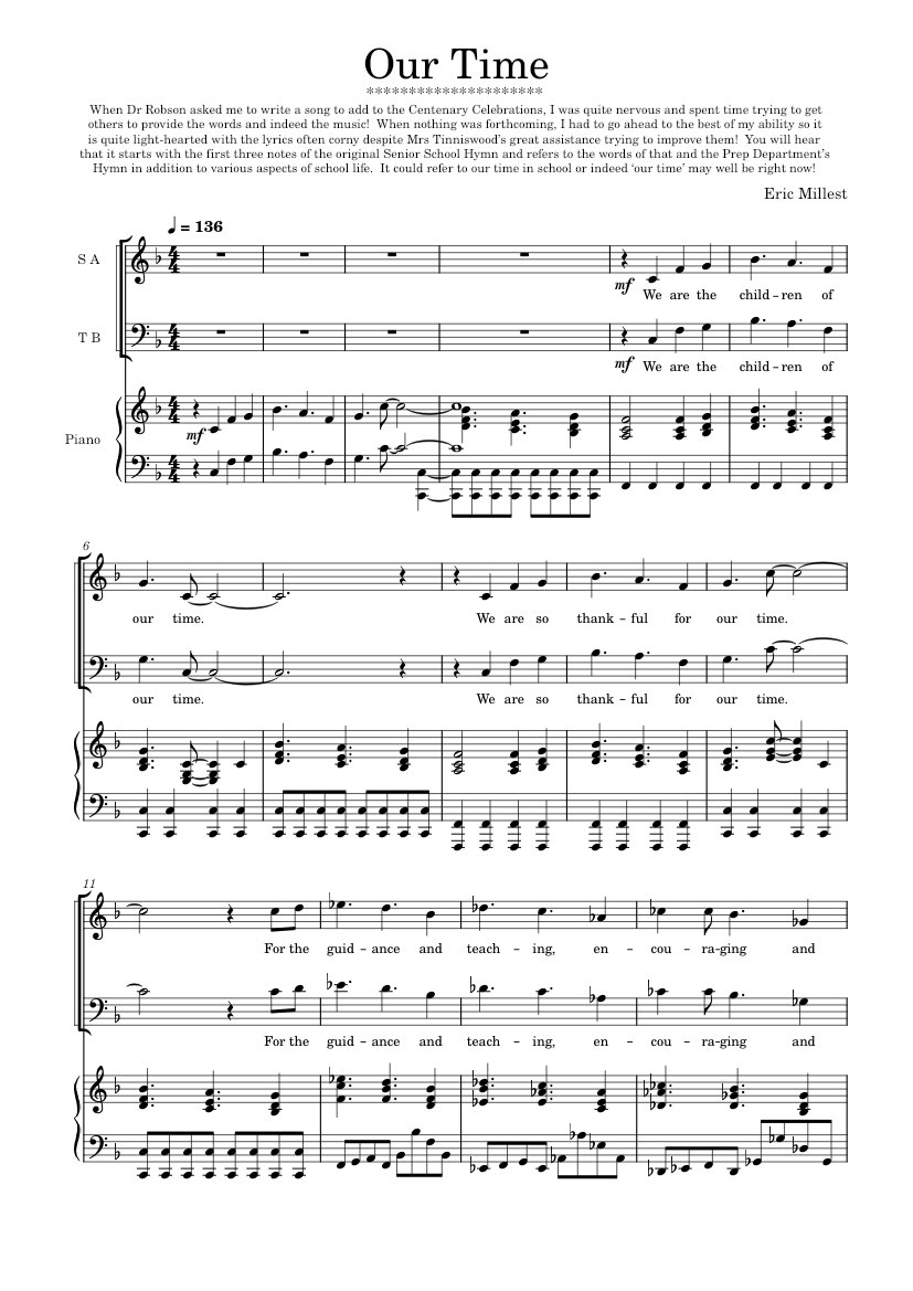 Westholme Centenary Concert Song Our Time Sheet music for Piano, Female ...