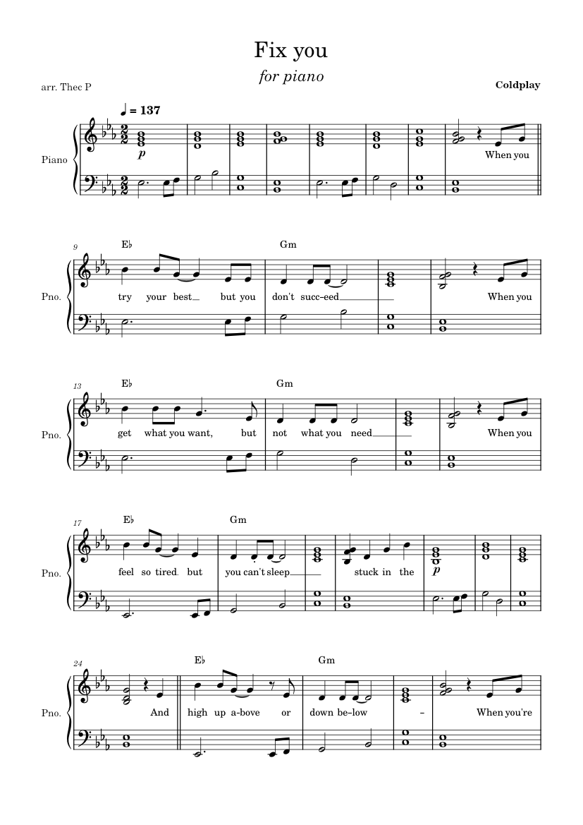 Fix you - Coldplay Sheet music for Piano (Piano-Voice-Guitar ...