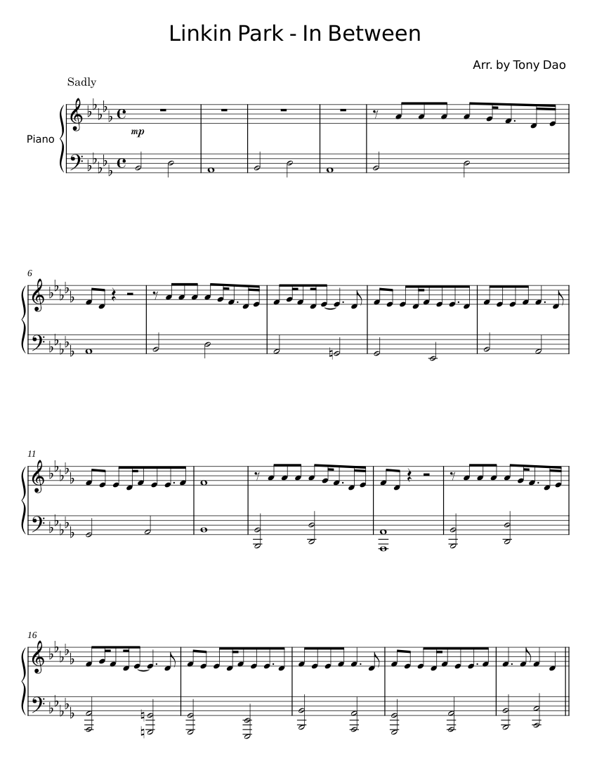 In between - Linkin Park Sheet Music for Piano (Solo) Easy | MuseScore.com