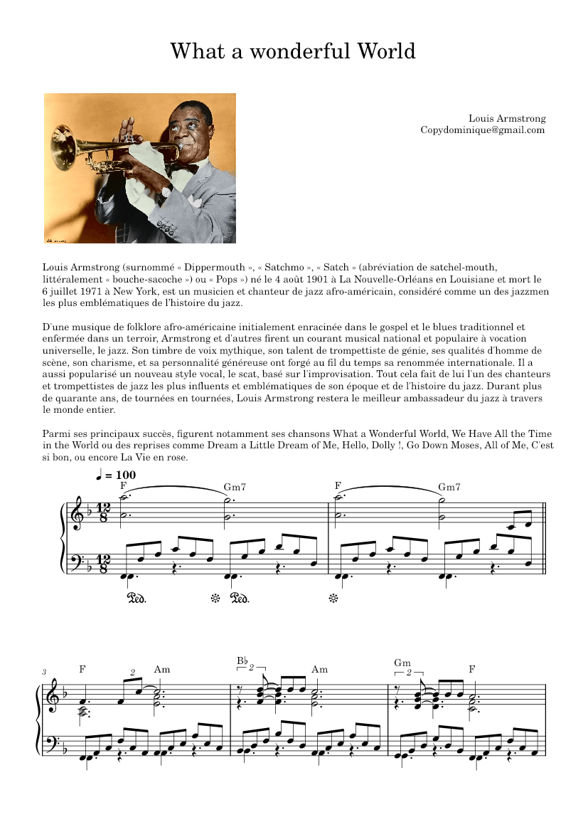 What A Wonderful World – Louis Armstrong Sheet Music for Piano (Solo ...
