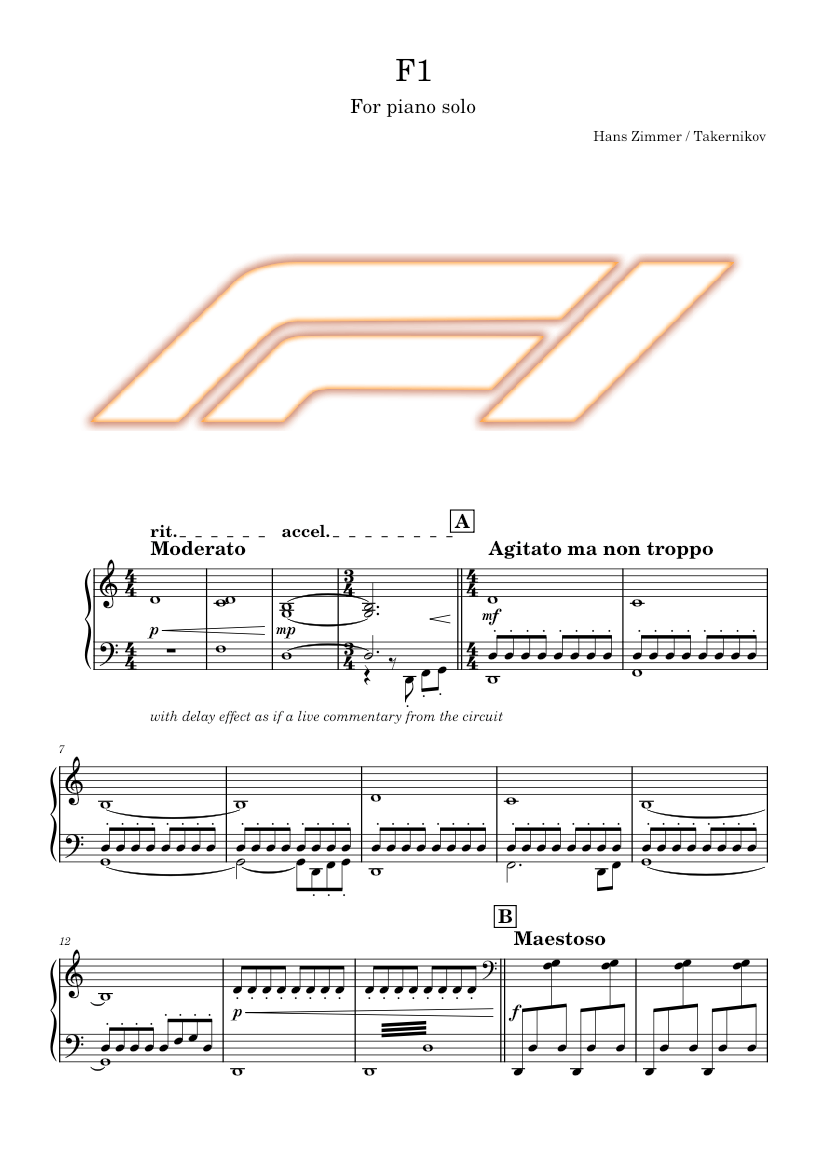 F1 the movie main theme for piano solo Sheet Music for Piano (Solo ...
