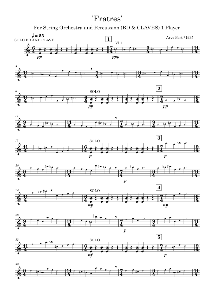 Fratres - Arvo Part (Percussion Part BD and CLAVES) with cues! No bars ...