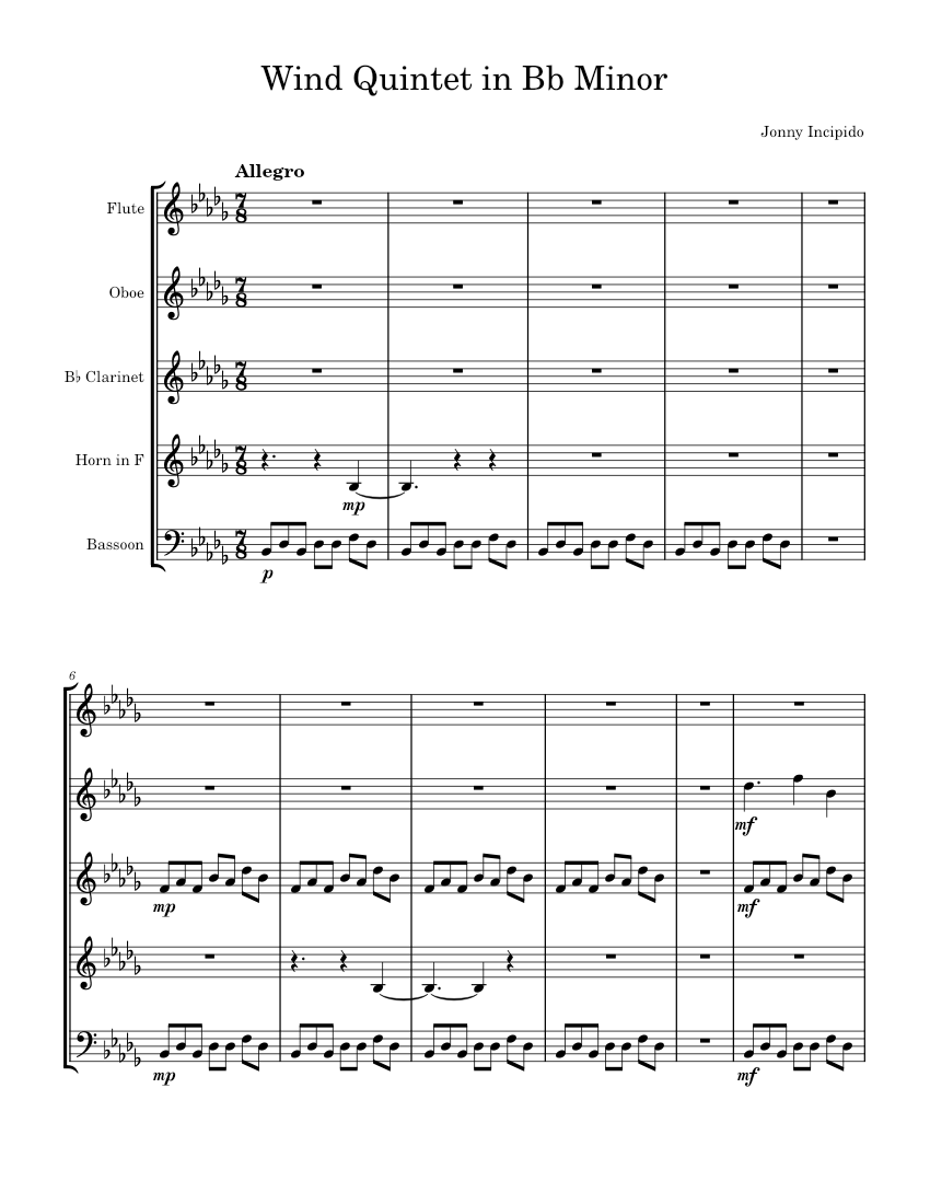Wind Quintet in Bb minor Sheet music for Flute, Oboe, Clarinet in b ...