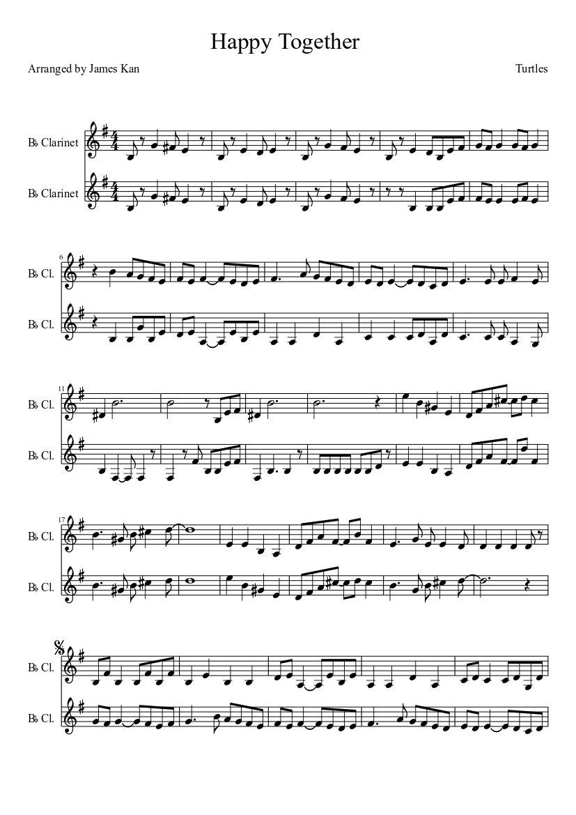 Happy Together Sheet Music for Clarinet other (Woodwind Duet ...