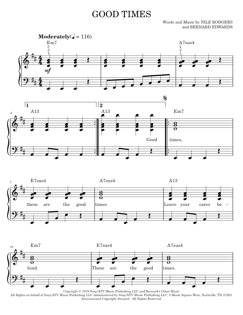 Play Official version of Good times Sheet Music by Chic for Piano ...