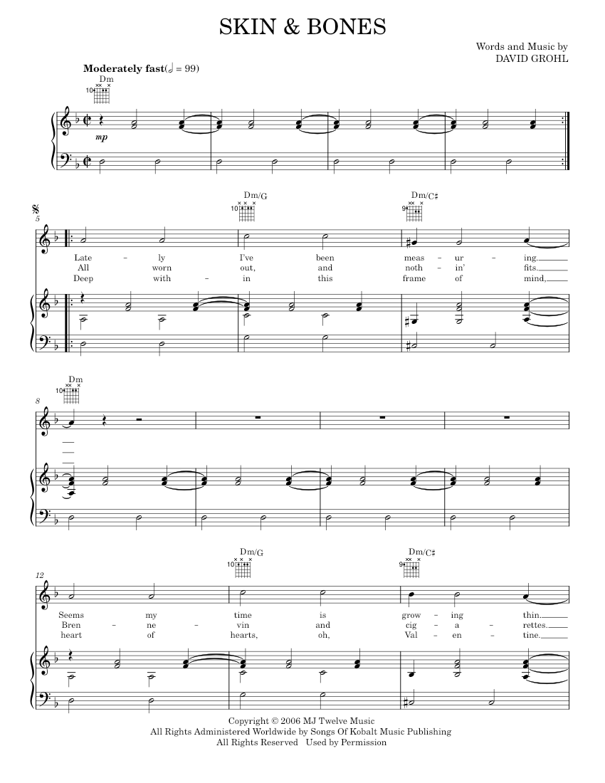 Play Official version of Skin and bones sheet music by Foo Fighters for ...