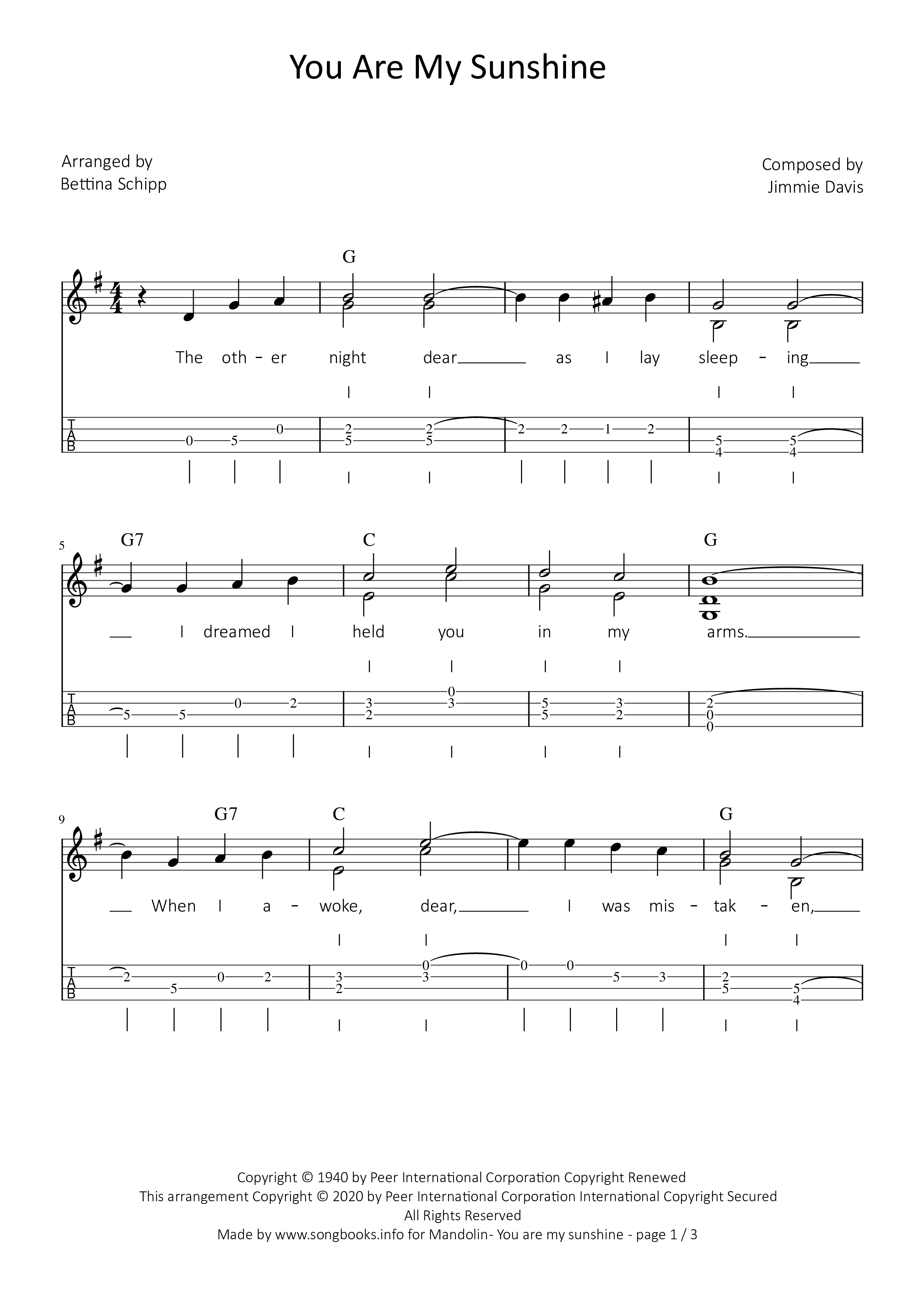Play Official version of You are my sunshine Sheet Music by Jimmie Davis for Mandolin ...