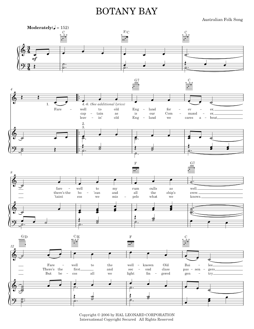 Play Official version of Botany Bay Sheet Music by Misc tunes for Piano ...