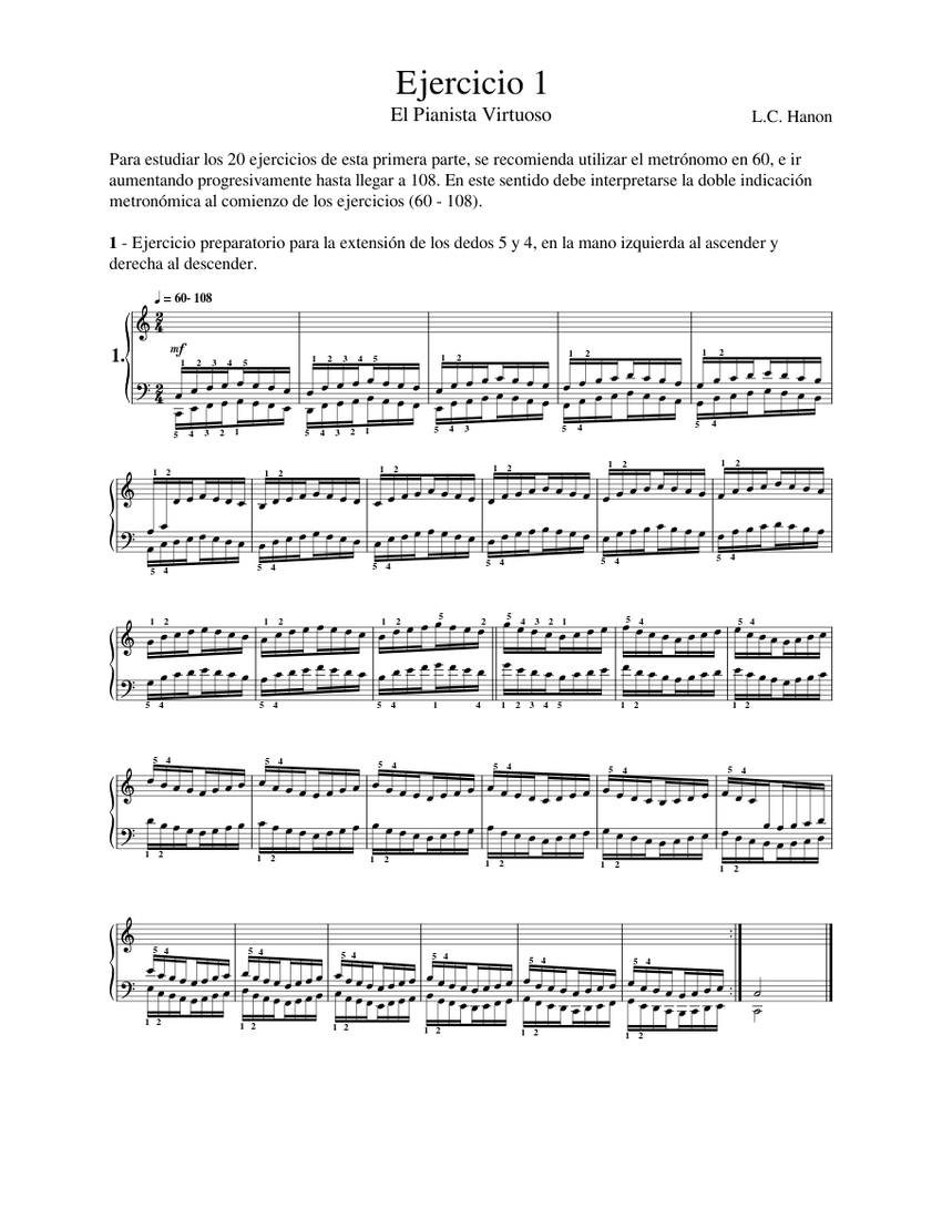 Ejercicio 1 - El Pianista Virtuoso - L.C.Hanon Sheet music for Piano (Solo) | Musescore.com