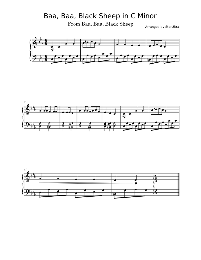 Baa, Baa Black Sheep in C Minor Sheet music for Piano (Solo) Easy ...