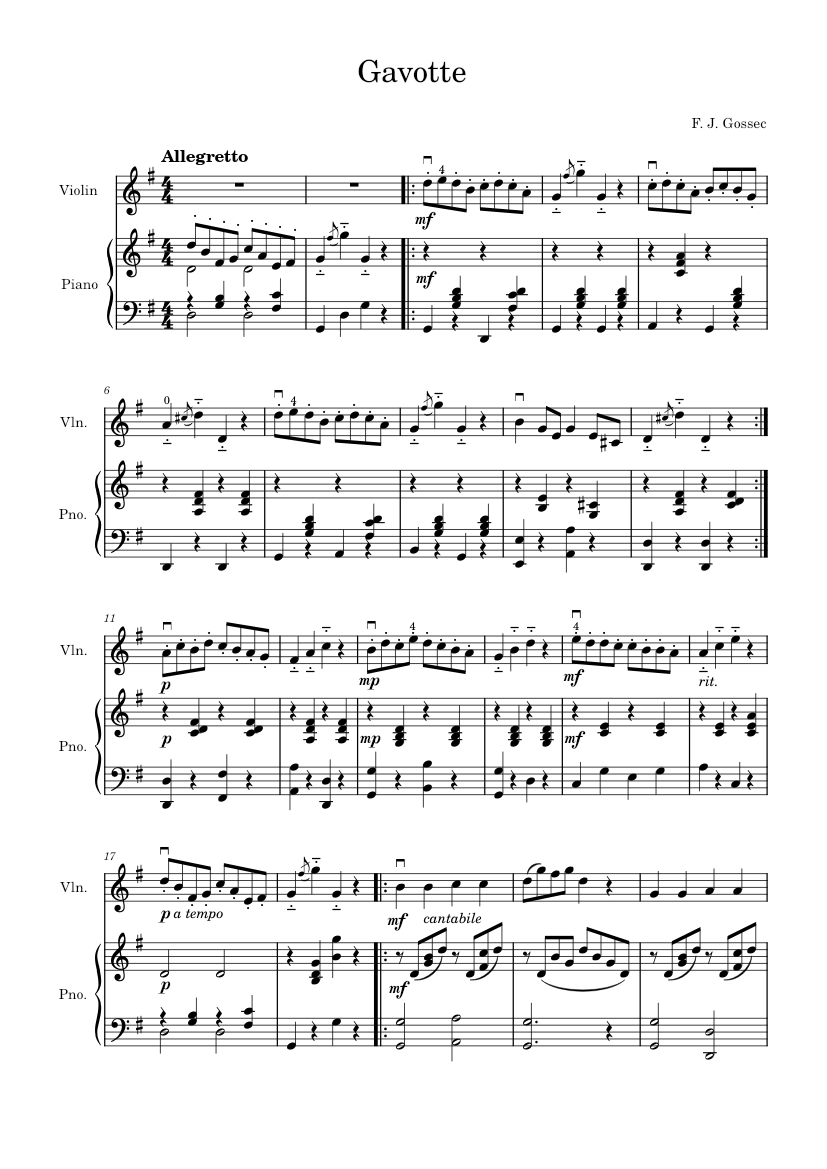 Gavotte – François Joseph Gossec Sheet music for Piano, Violin (Mixed ...