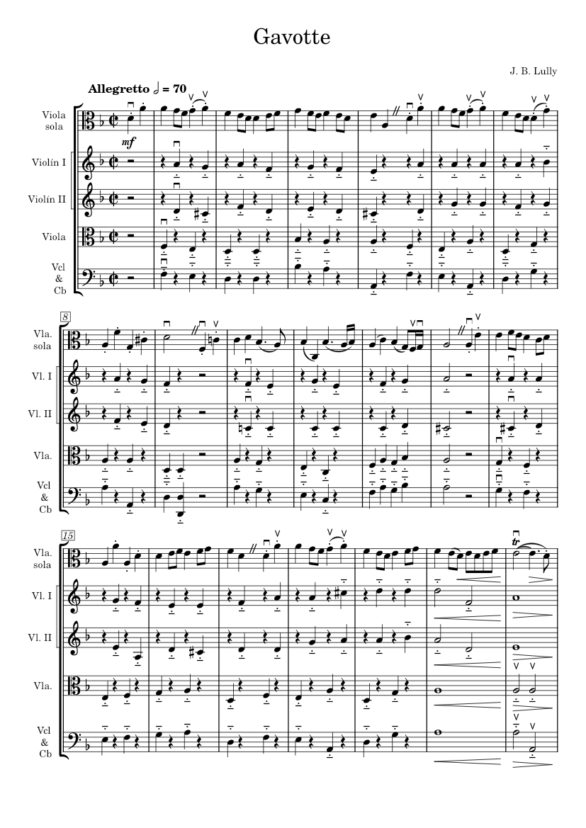 Gavotte – Lully, Jean-Baptiste (arr. vla. sol. y orq. de cuerda) Sheet ...