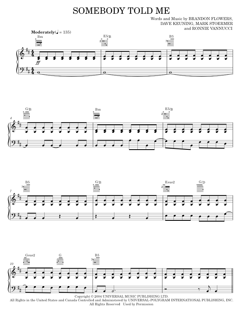 somebody told me Sheet music for Piano, Vocals: Music Notes