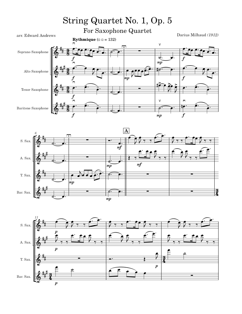 Milhaud: String Quartet No. 1, Op. 5 for Saxophone Quartet Sheet music for Saxophone alto ...